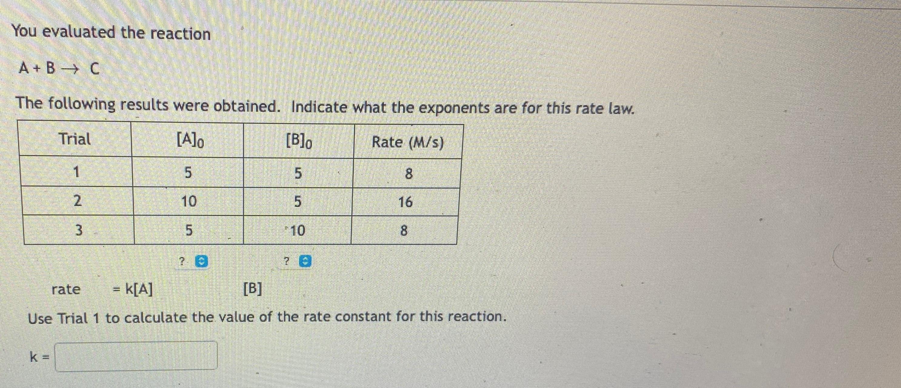 Solved You evaluated the reactionA+B→CThe following results | Chegg.com