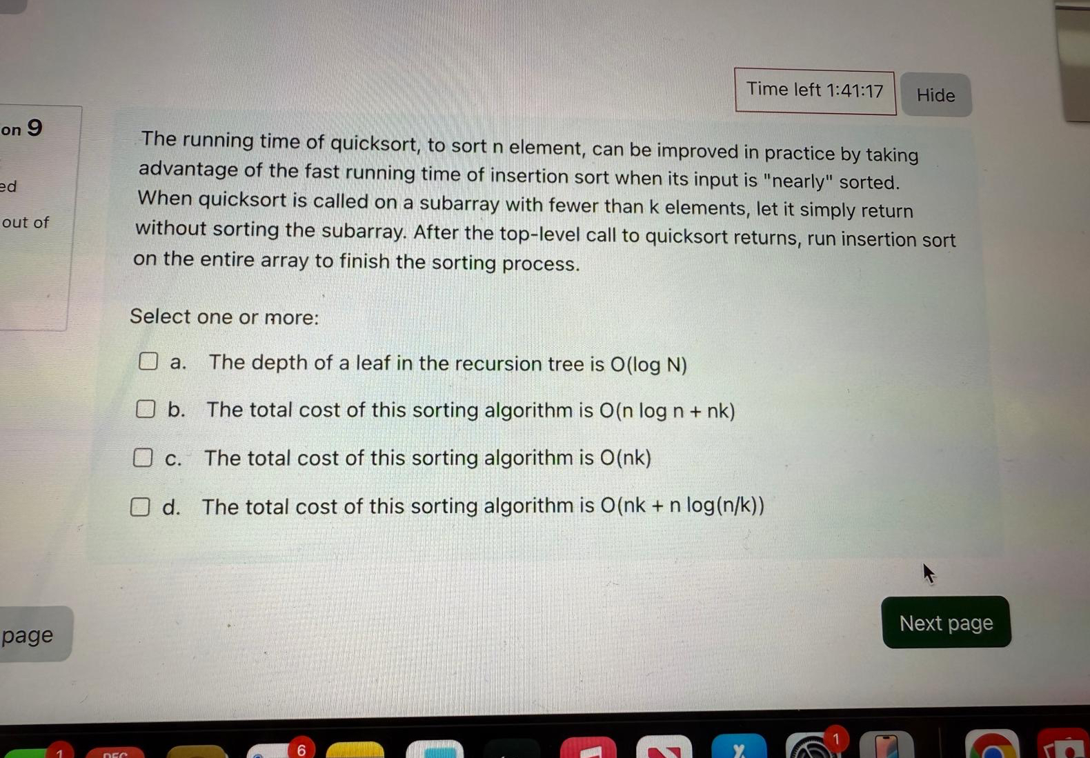 Solved Time left 1:41:17The running time of quicksort, to | Chegg.com