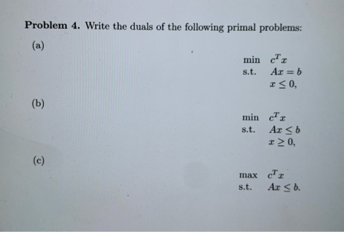 Solved Problem 4. Write the duals of the following primal | Chegg.com