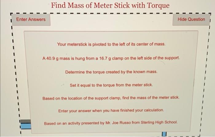 Solved Find Mass of Meter Stick with Torque Enter Answers | Chegg.com