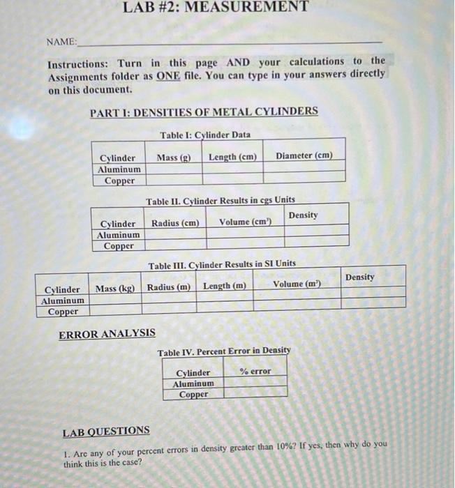 Solved PART 1: DENSITIES OF METAL CYLINDERS In this | Chegg.com