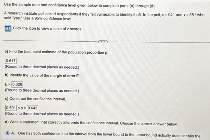 Solved Use the sample data and confidence level given below | Chegg.com
