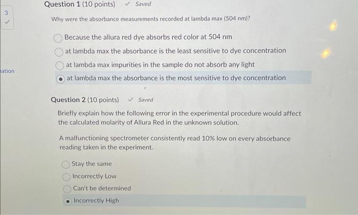 Solved Why were the absorbance measurements recorded at | Chegg.com
