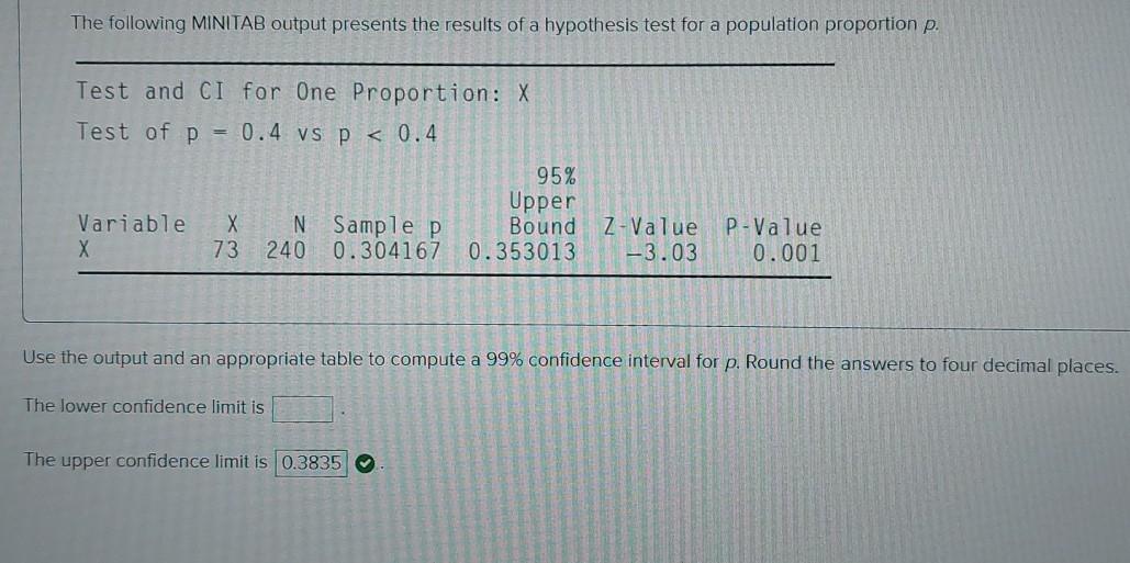 Solved The Following Minitab Output Presents The Results Of