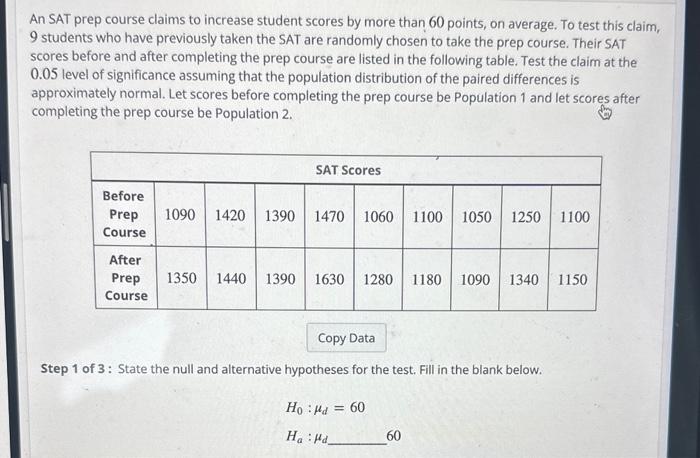 Solved An SAT prep course claims to increase student scores | Chegg.com