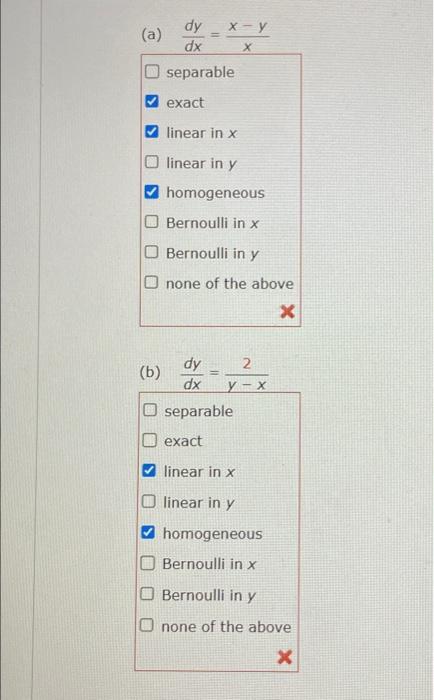 Solved (a) dxdy=xx−y separable exact linear in x linear in y | Chegg.com