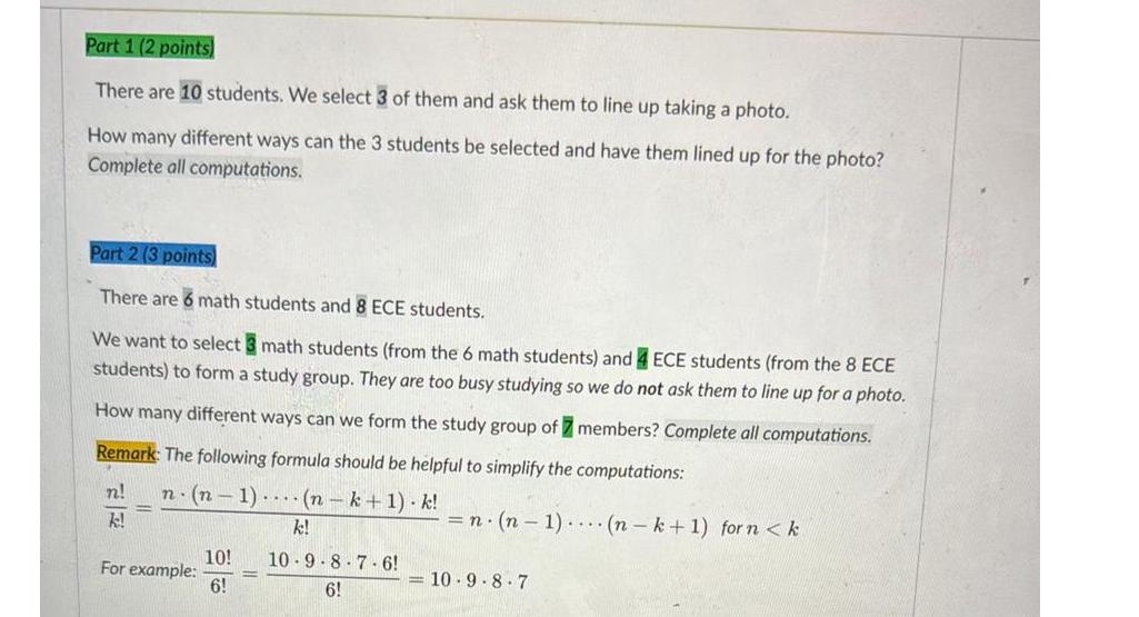 Solved Part 1 (2 points)\\nThere are 10 students. We select | Chegg.com