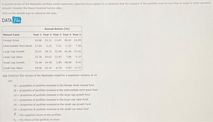 Solved A second version of the Markowitz portfotio model | Chegg.com