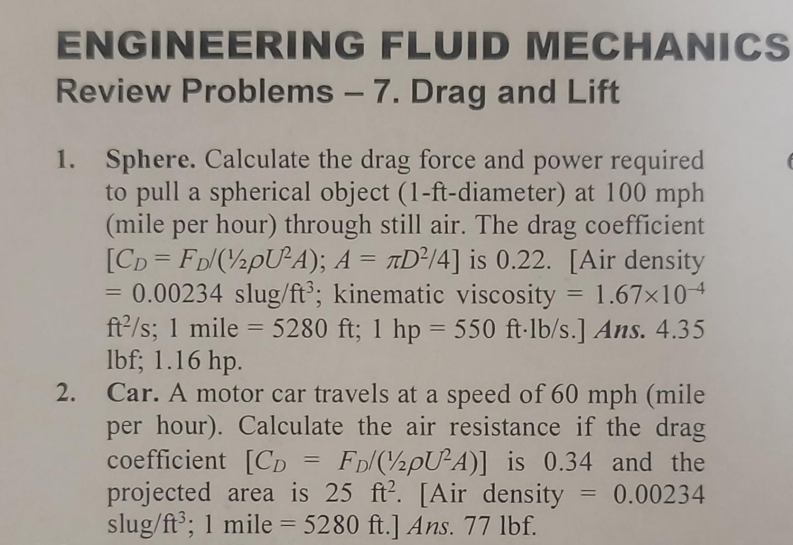 Solved ENGINEERING FLUID MECHANIC Review Problems - 7. Drag | Chegg.com