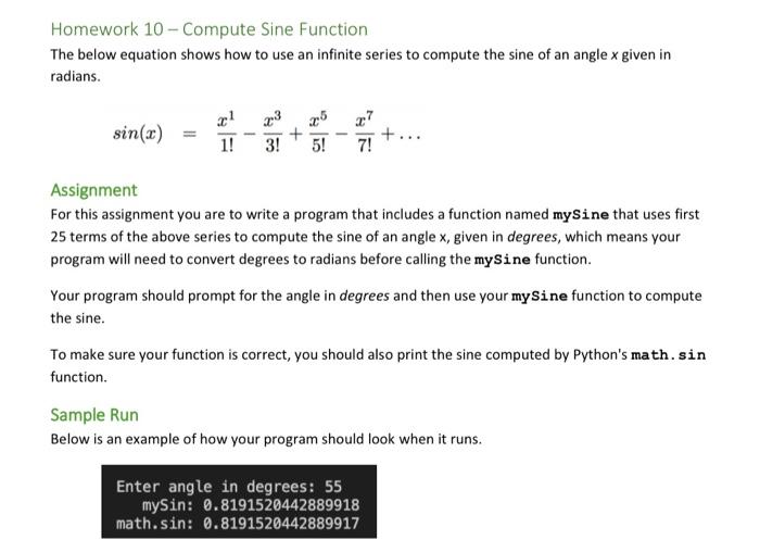 Solved Homework 10 - Compute Sine Function The below | Chegg.com