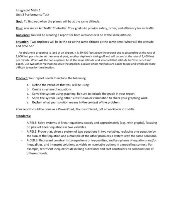 Solved Integrated Math 1 Unit 2 Performance Task Goal: To | Chegg.com