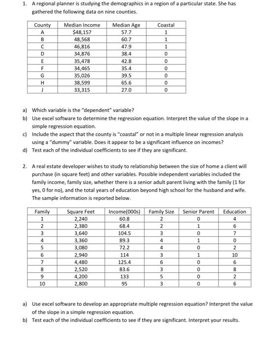 Solved 1. A regional planner is studying the demographics in | Chegg.com