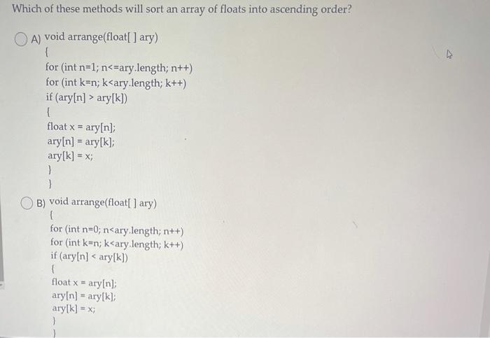 Solved Which of these methods will sort an array of floats | Chegg.com