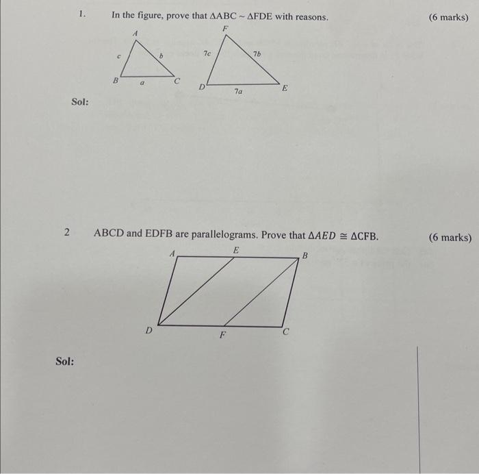 Solved 2 1. Sol: Sol: In the figure, prove that AABC~ AFDE | Chegg.com