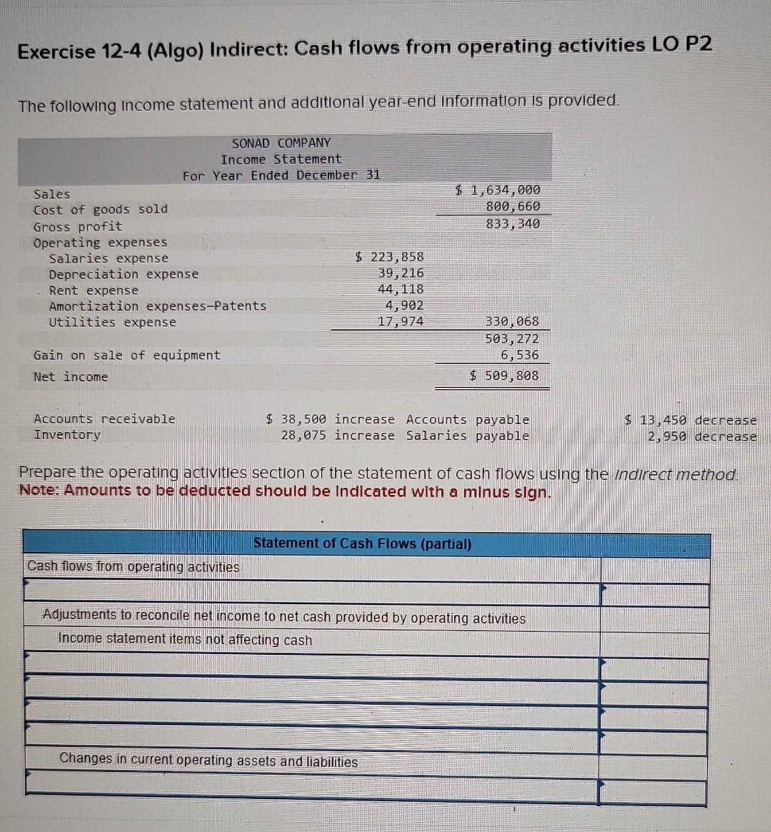 Solved Exercise 12-4 (Algo) Indirect: Cash flows from | Chegg.com