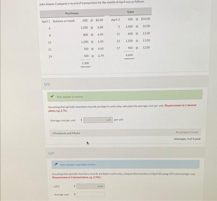 Solved John Adams Company's record of transactions for the | Chegg.com