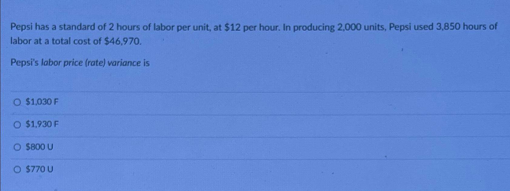 Solved Pepsi has a standard of 2 ﻿hours of labor per unit, | Chegg.com