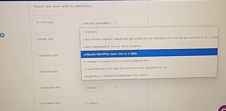 Solved Match the term with its definition.primary keyforeign | Chegg.com