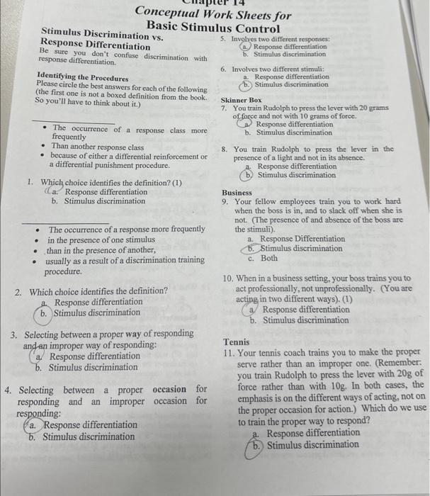 Solved Conceptual Work Sheets for Basic Stimulus Control | Chegg.com
