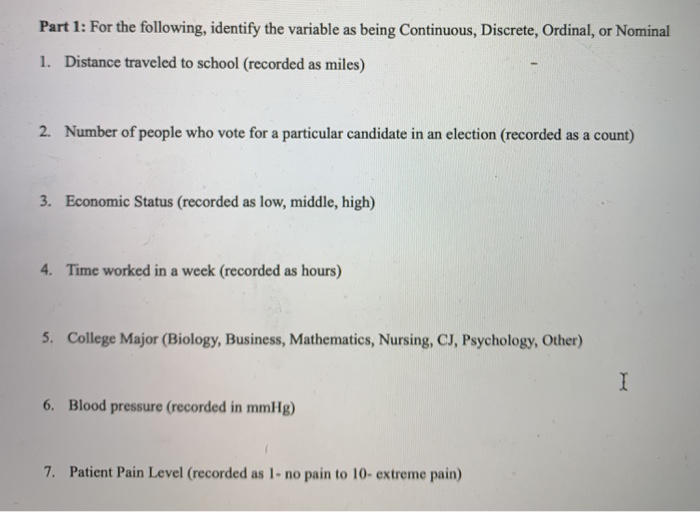 Solved For the following, identify the variable as being | Chegg.com