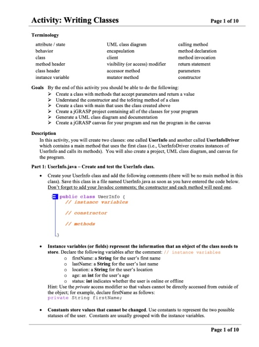 Solved Activity: Writing Classes Page 1 of 10 Terminology | Chegg.com