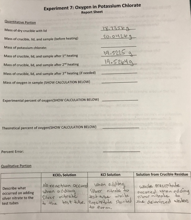 Solved Experiment 7: Oxygen in Potassium Chlorate Report | Chegg.com