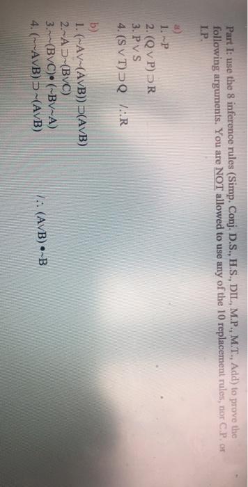 Solved Part I: use the 8 inference rules (Simp. Conj. D.S., | Chegg.com