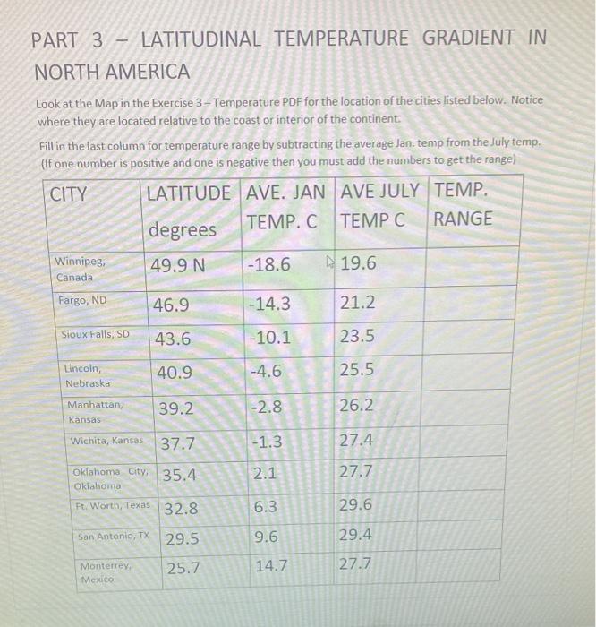 Solved PART 3 - LATITUDINAL TEMPERATURE GRADIENT IN NORTH | Chegg.com