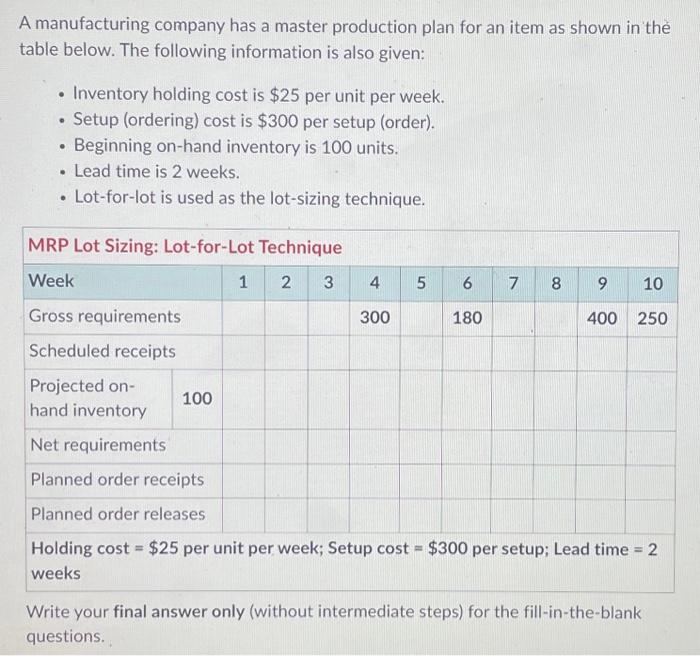 A manufacturing company has a master production plan | Chegg.com