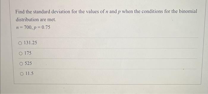 Solved Find the standard deviation for the values of n and p | Chegg.com