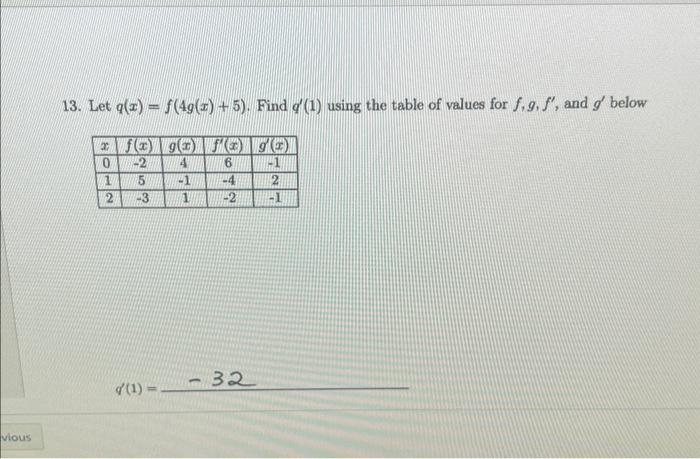 Solved 13. Let g(x) = f(4g(x)+ 5). Find g'(1) using the | Chegg.com Solved 13. Let g(x) = f(4g(x)+ 5). Find g'(1) using the | Chegg.com