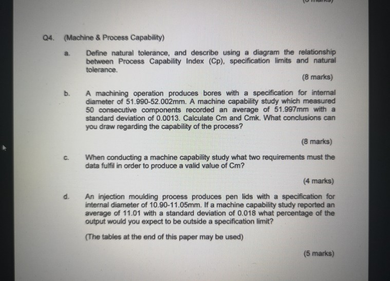 Solved Q4. 8. (Machine & Process Capability) Define natural | Chegg.com