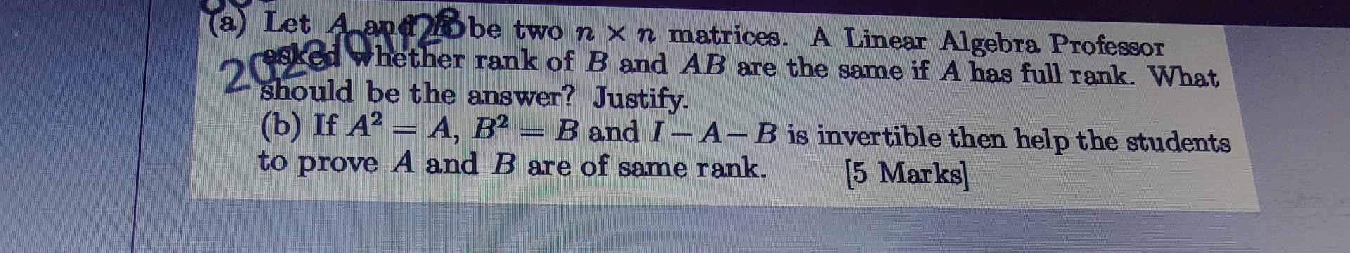 Solved a) Let A anq2B be two n×n matrices. A Linear Algebra | Chegg.com