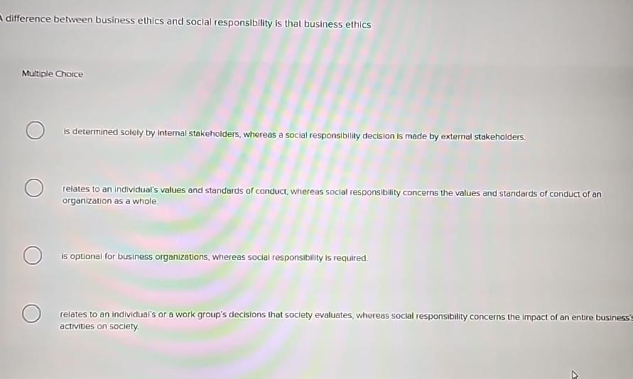 Solved difference between business ethics and soclal | Chegg.com