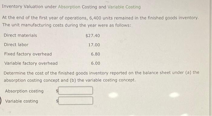 Solved Inventory Valuation under Absorption Costing and | Chegg.com