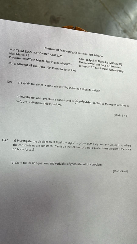 Solved Mechanical Engineering Department NIT SrinagarMID | Chegg.com