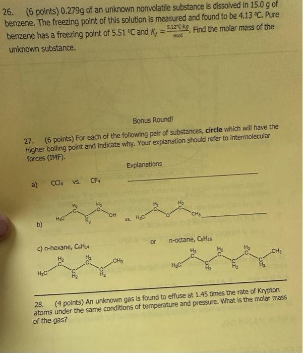 Solved 26. ( 6 points) 0.279 g of an unknown nonvolatile | Chegg.com