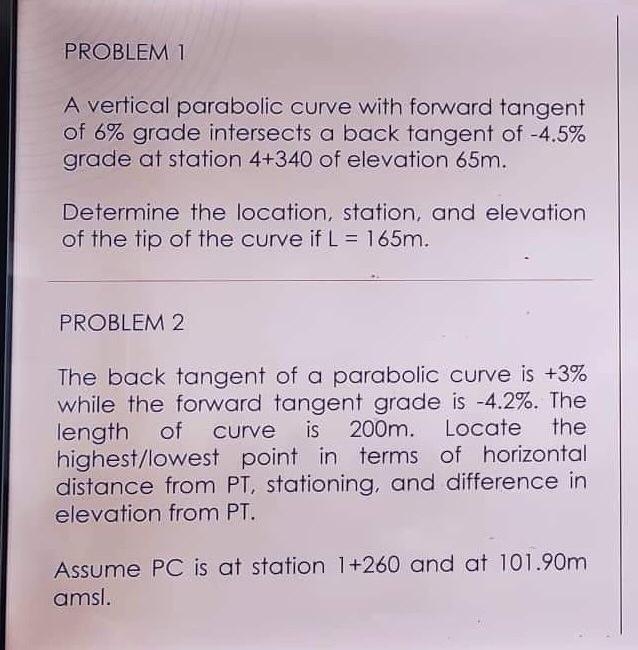 Solved PROBLEM 1 A vertical parabolic curve with forward | Chegg.com
