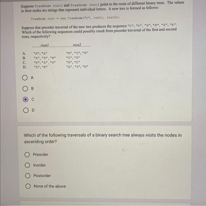 Solved Suppose TreeNóde root1 and TreeNode root2 point to | Chegg.com