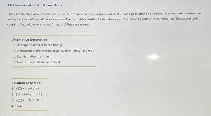 Solved 12. Measures of variability match-up There are | Chegg.com