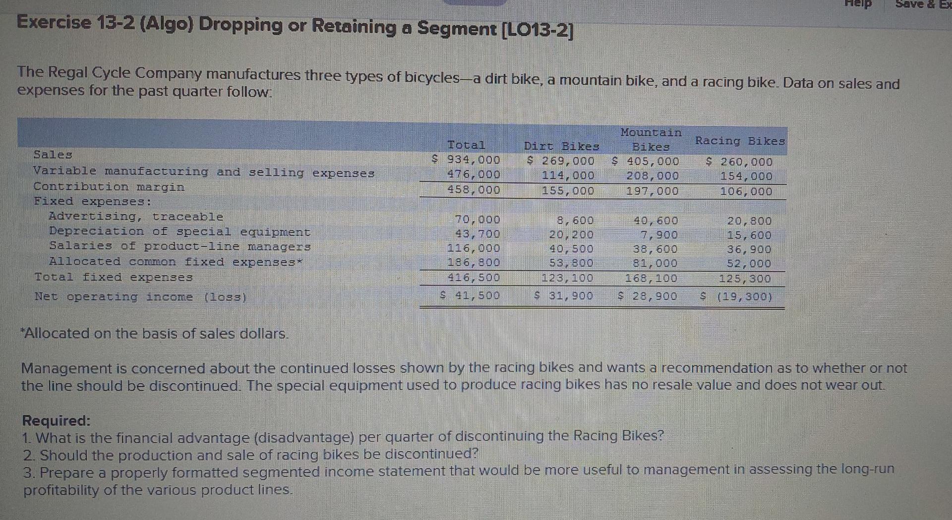 Solved пер Save & EX Exercise 13-2 (Algo) Dropping or | Chegg.com