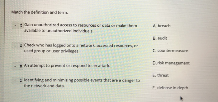 Solved Match the definition and term. Gain unauthorized | Chegg.com