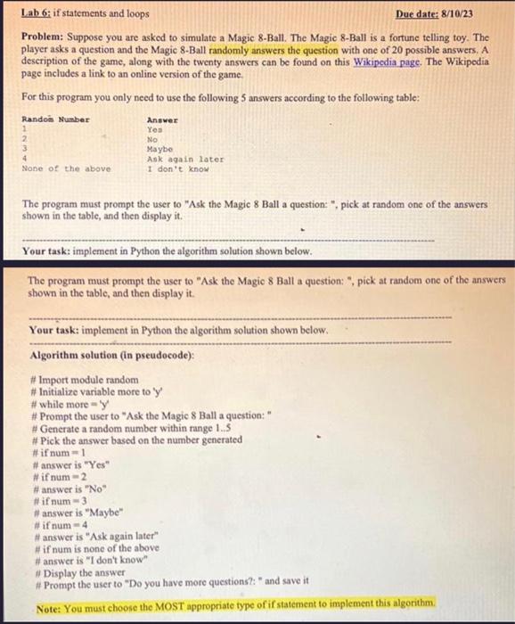 Solved Lab 6: if statements and loops Due date: \\( 8 / 10 / | Chegg.com