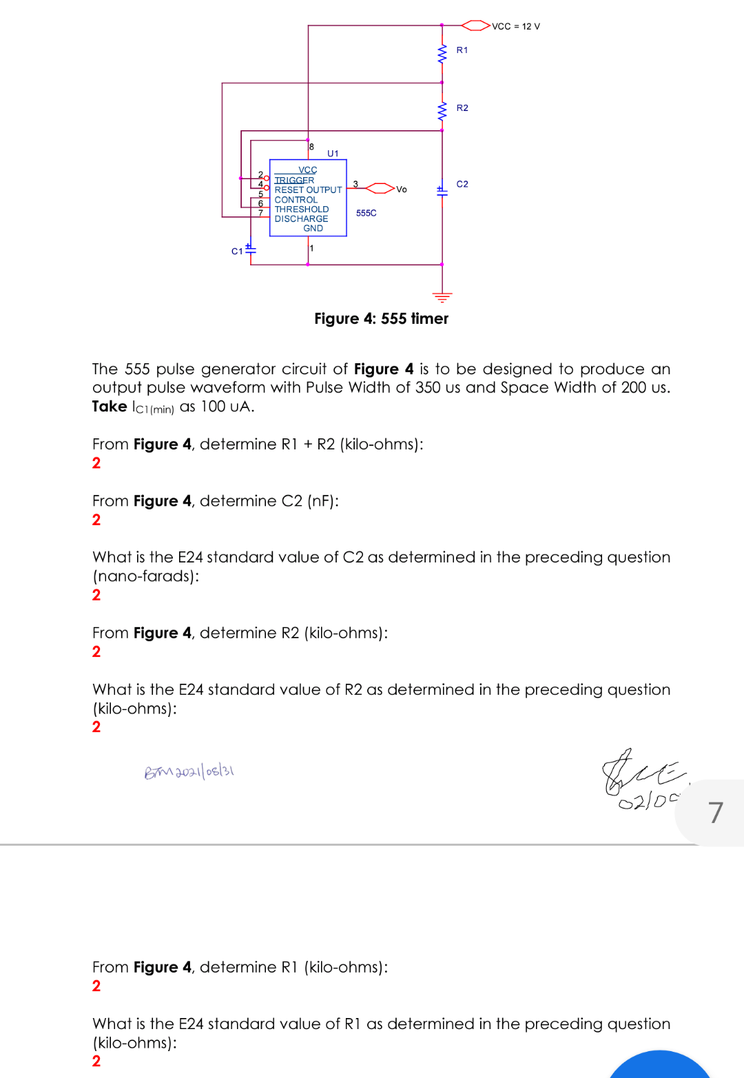 Solved VCC = 12 V w R1 } R2 18 U1 c2 C2 Vo VCC TRIGGER RESET | Chegg.com