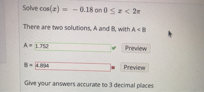 Solved Solve cos(x) = – 0.18 on 0