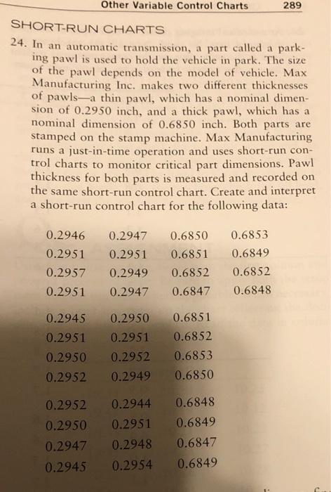 Solved 289 Other Variable Control Charts SHORT-RUN CHARTS | Chegg.com