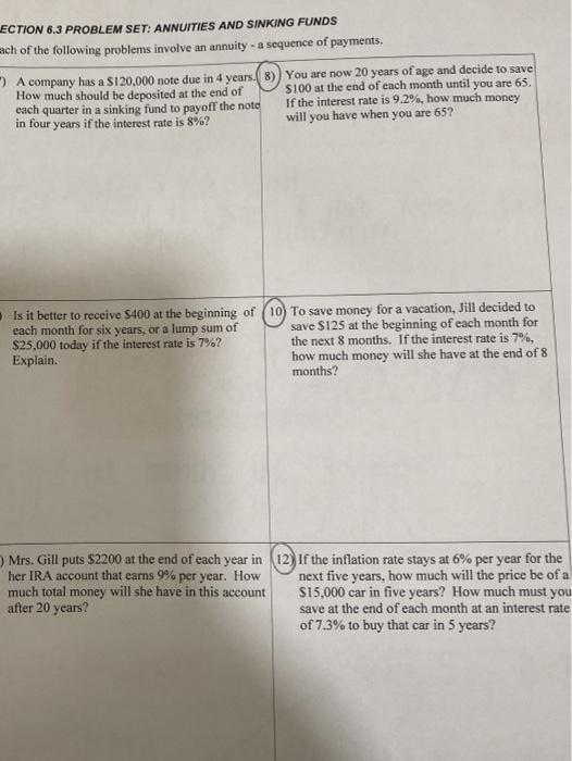Solved ECTION 6.3 PROBLEM SET: ANNUITIES AND SINKING FUNDS | Chegg.com
