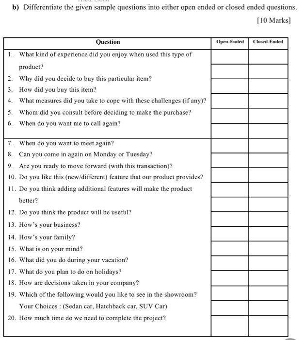 Solved b) Differentiate the given sample questions into | Chegg.com