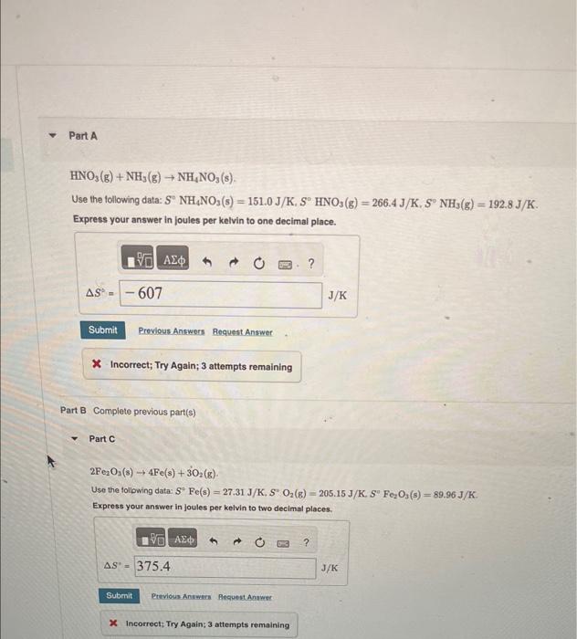 Solved Calculate the delta S values for each of the | Chegg.com