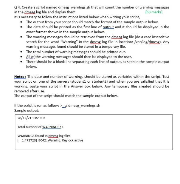 Solved Q4. Create a script named dmesg_warnings.sh that will | Chegg.com